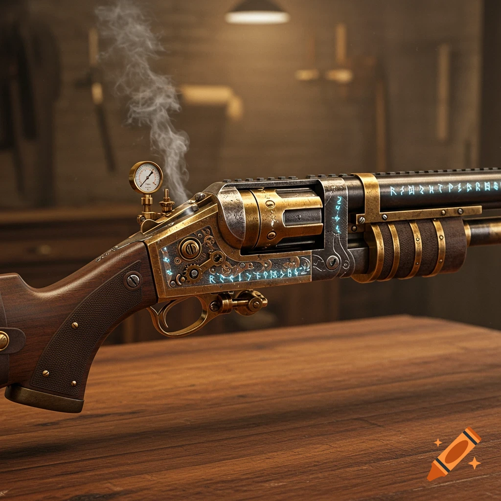 Ultra-realistic steampunk shotgun with glowing runes and steam vents ...