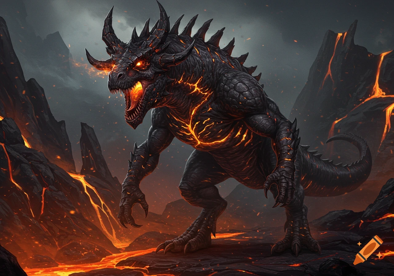 A menacing, dark dragon-like creature with glowing lava cracks on its ...