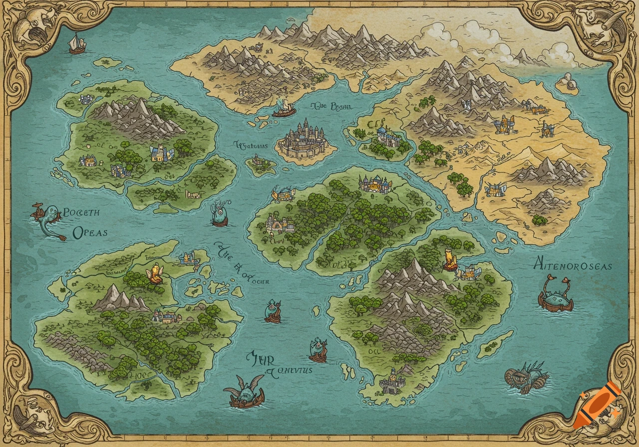 An intricate, hand-drawn fantasy world map featuring two continents ...