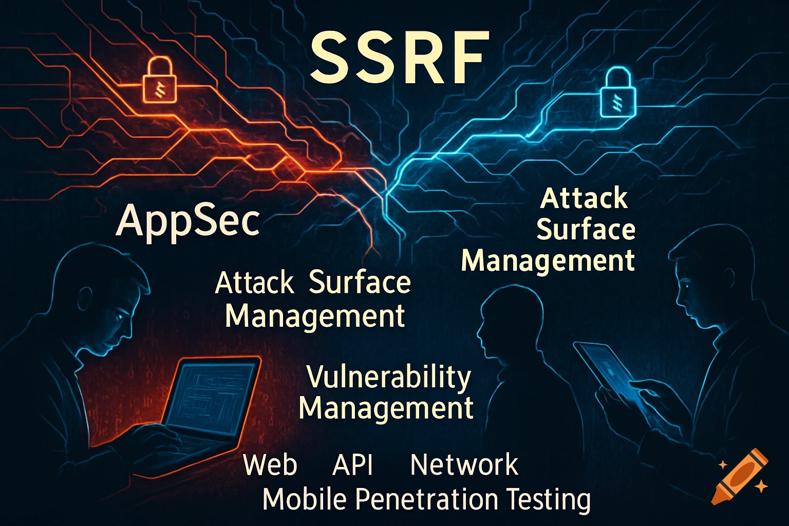 An infographic on SSRF vulnerability with red and blue circuit lines ...