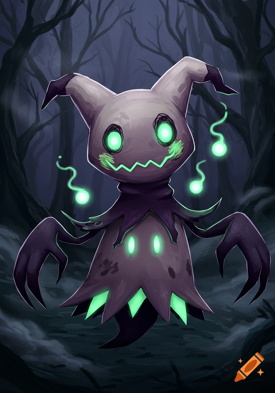 A ghostly, grey and purple Mimikyu-inspired creature with glowing green ...