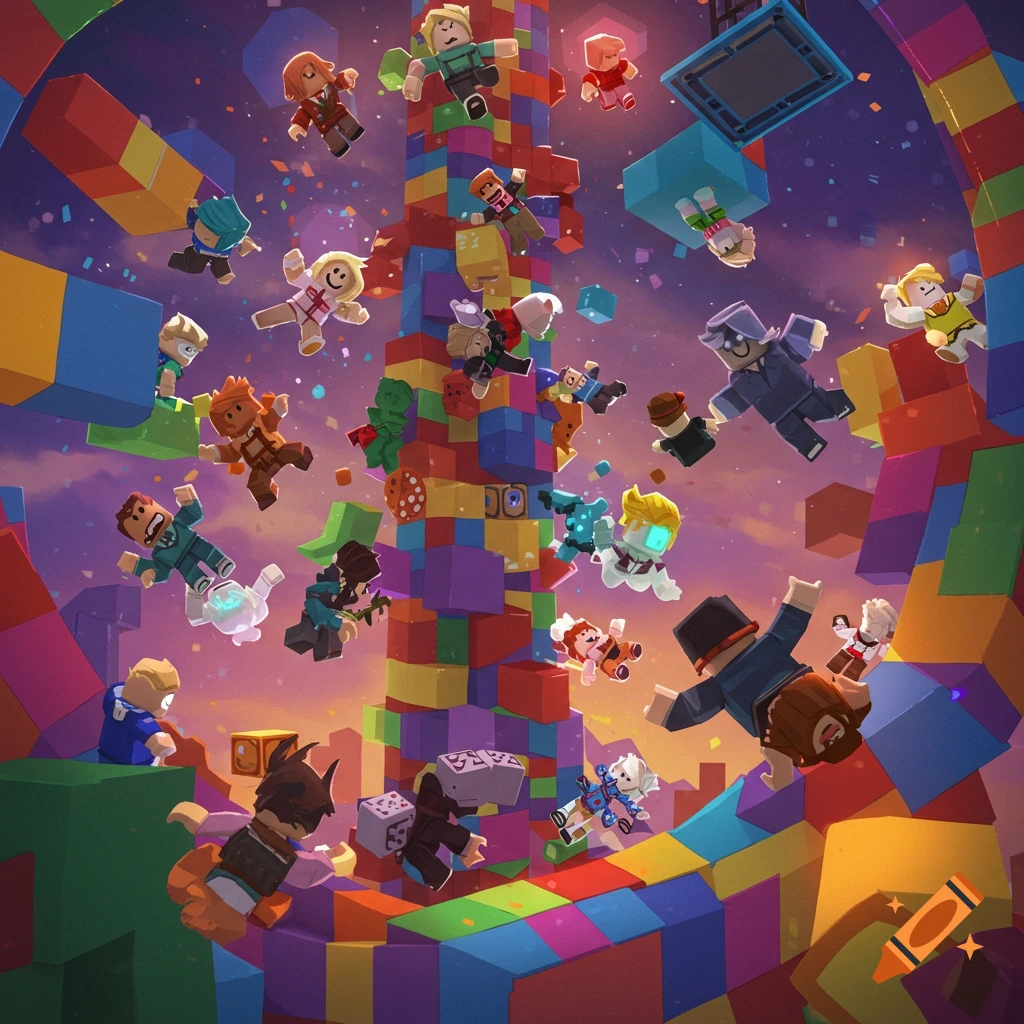Many colorful blocky characters, resembling Roblox avatars, fall from a tall, collapsing block ...