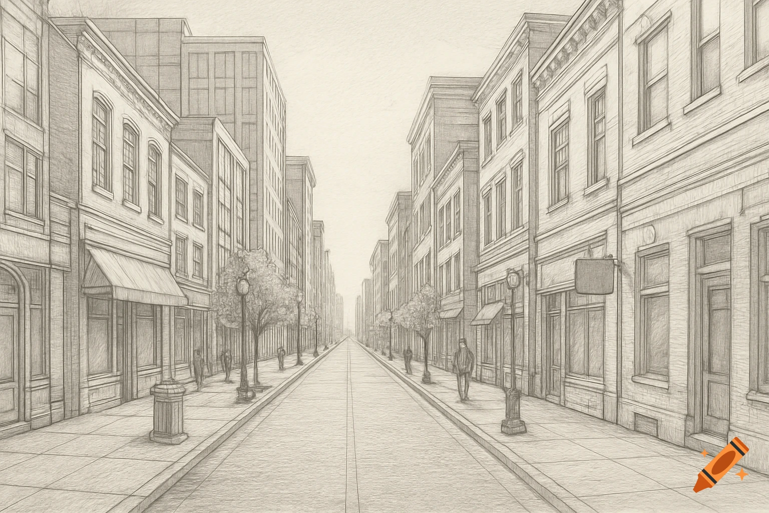 A monochromatic pencil sketch of a city street receding into the ...