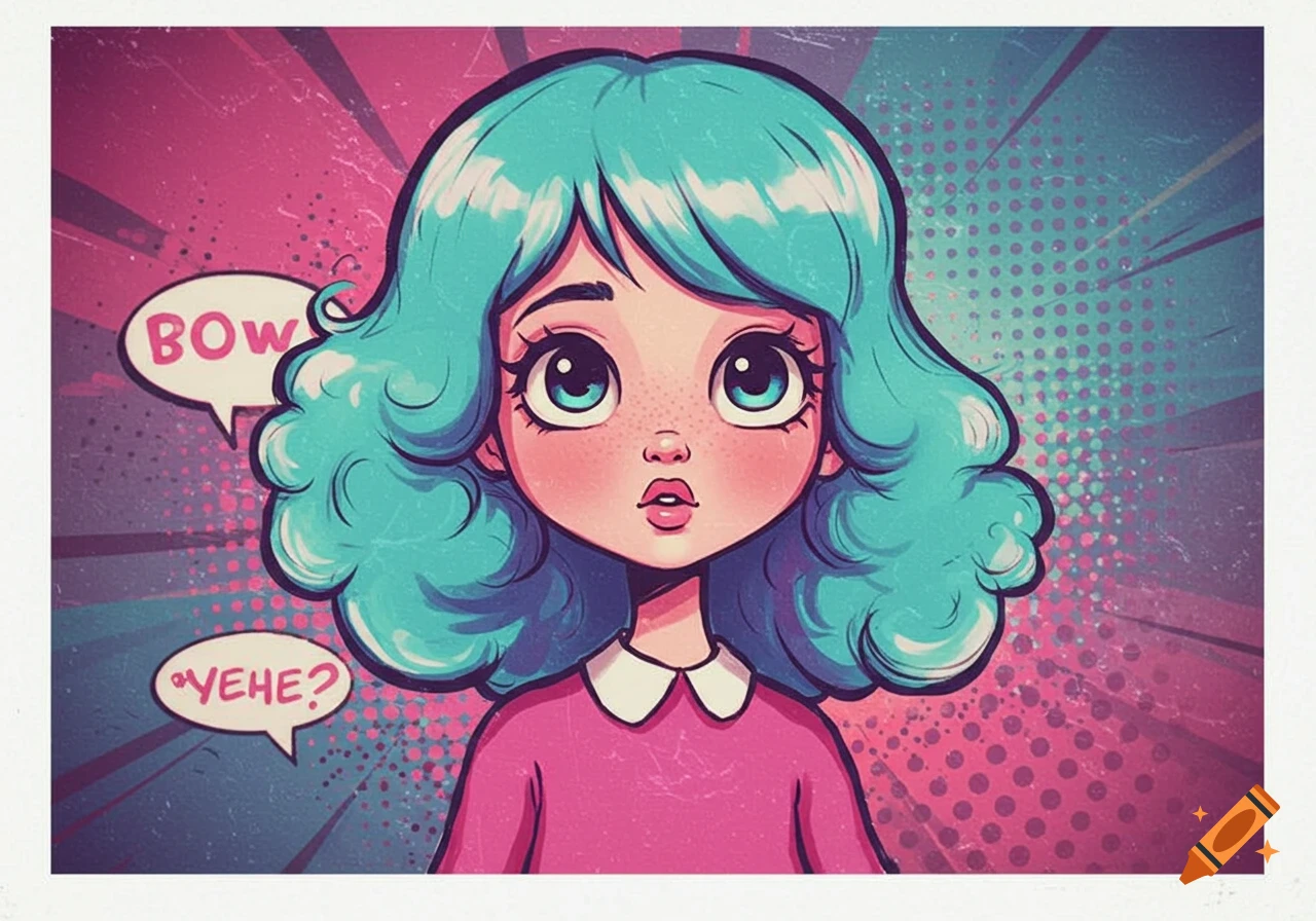 Cartoon girl with turquoise hair and big eyes in a comic book style ...