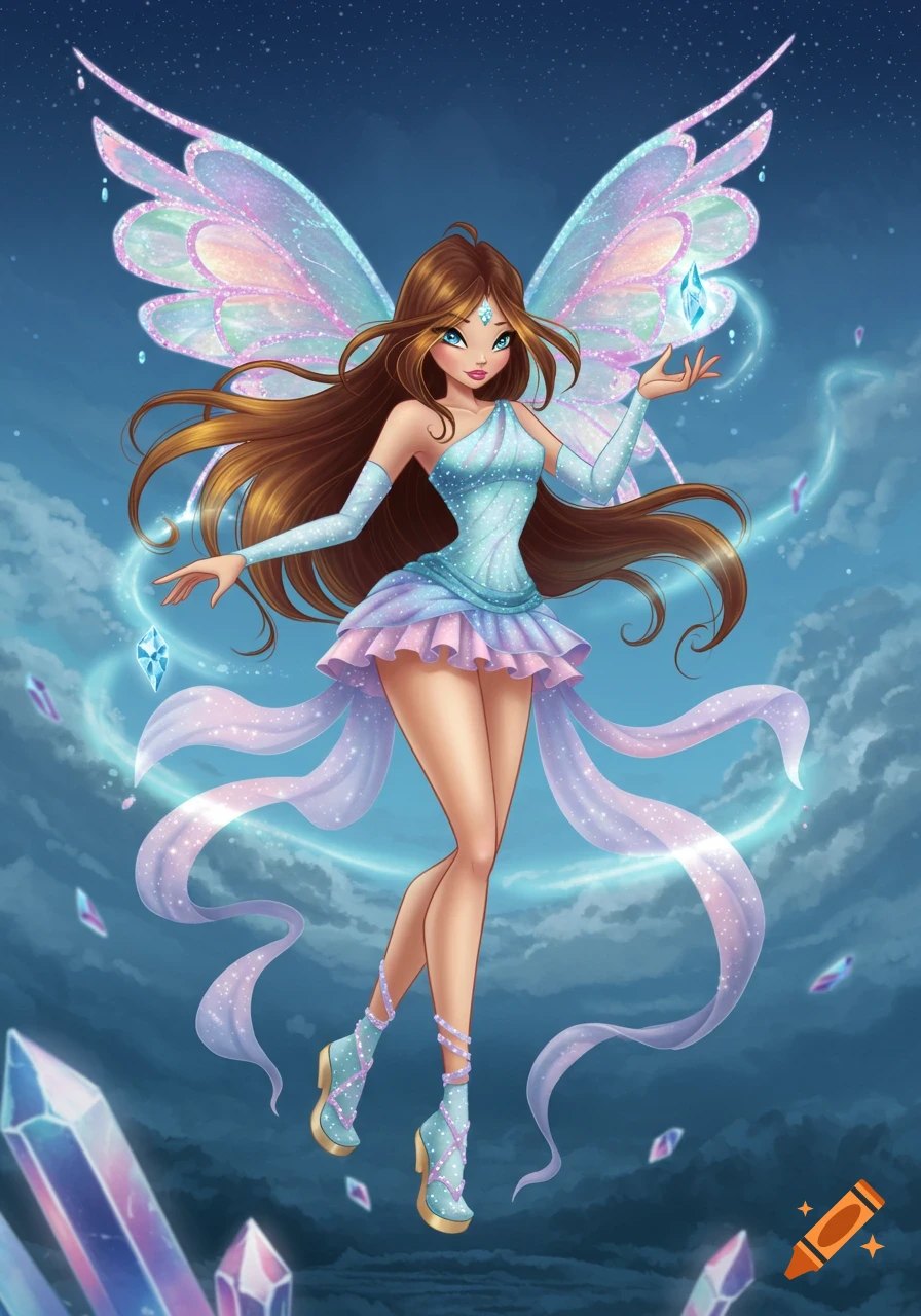 Seven diverse, colorful anime-style fairies pose in an enchanted forest ...