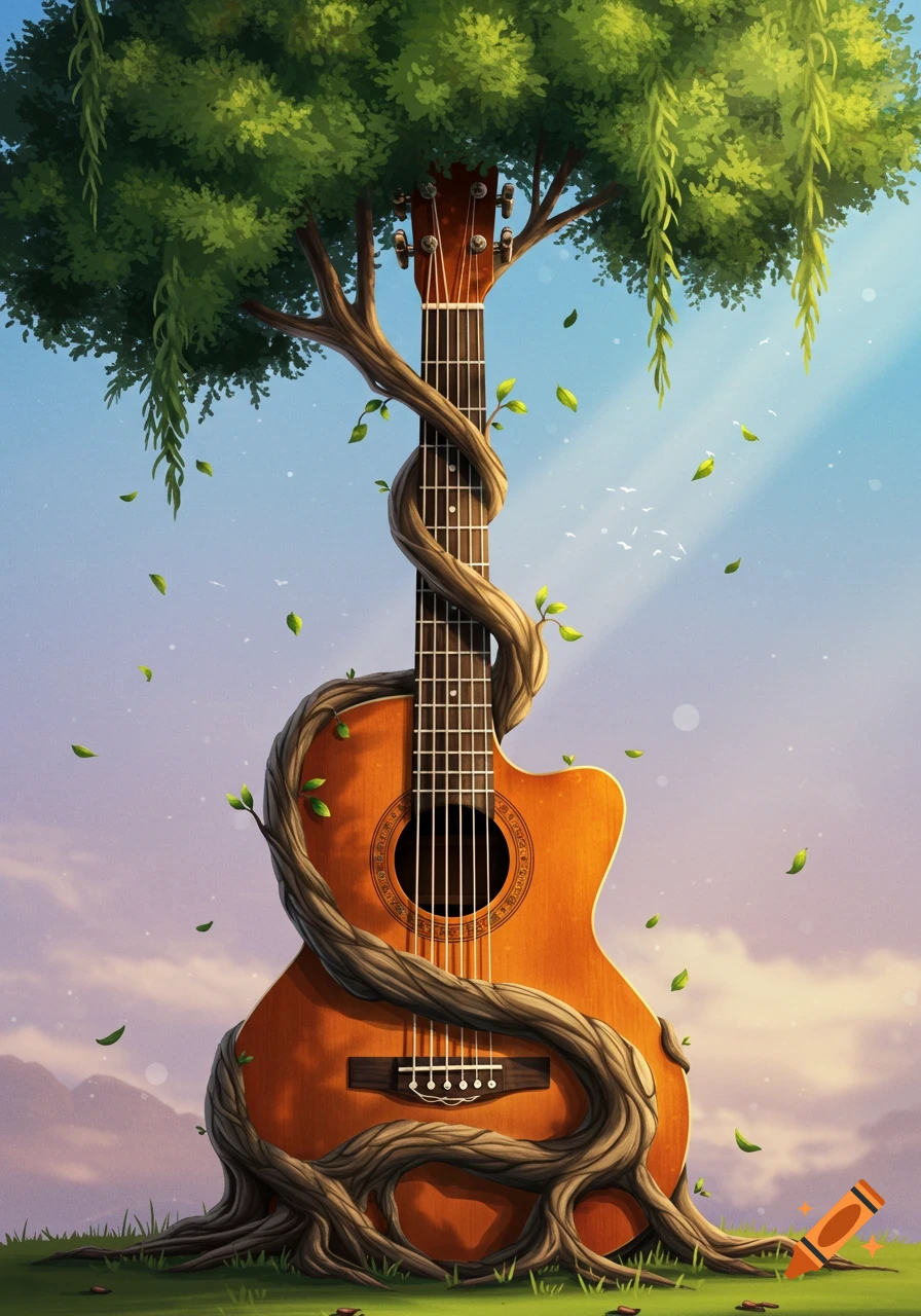 Stylized illustration of an acoustic guitar in a lush green field under ...