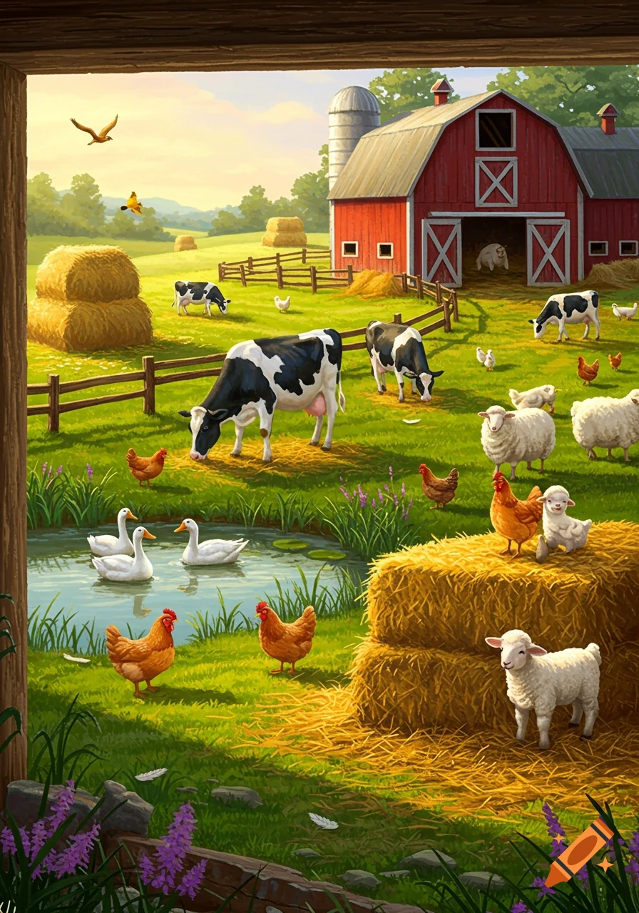 Vibrant illustration of a farm scene with cows, sheep, chickens, and ...