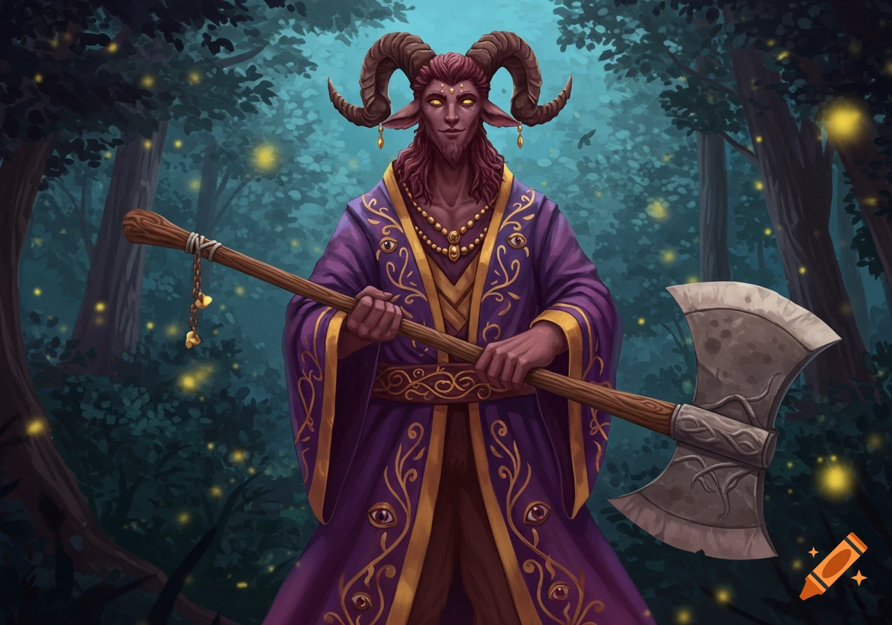 A mystical satyr with curved horns and glowing eyes, wearing an ornate ...