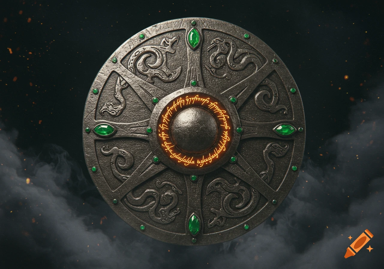 An ornate medieval shield with a lion emblem leaning against a stone ...