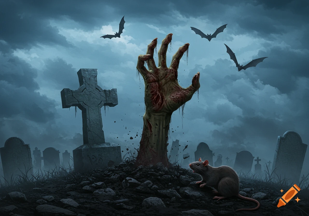 Gnarled zombie hand rises from a grave in a spooky graveyard with a ...