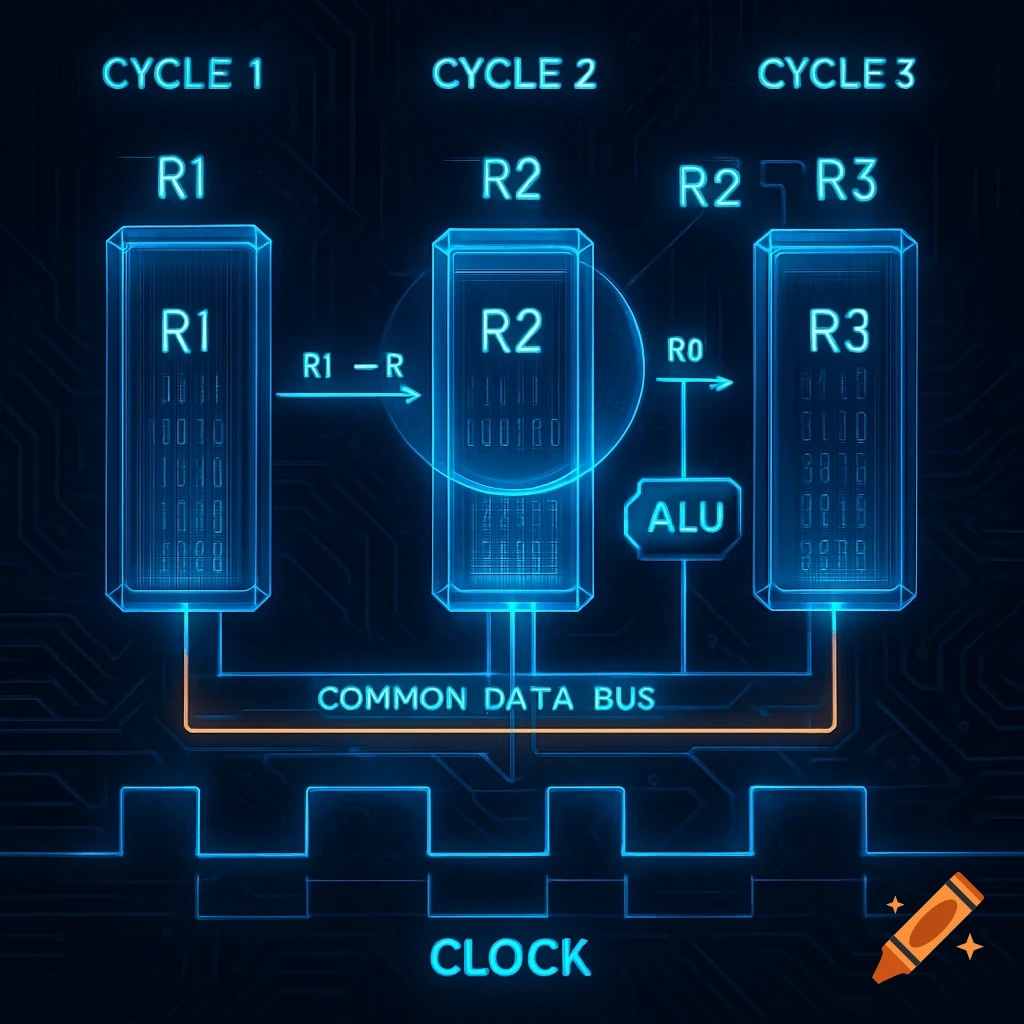 A glowing blue diagram of a CPU architecture shows three registers R1 ...