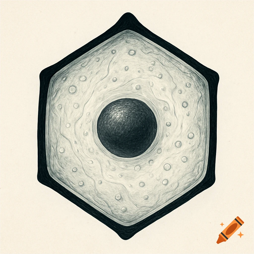 A stylized hexagonal cell structure with a dark central nucleus and ...