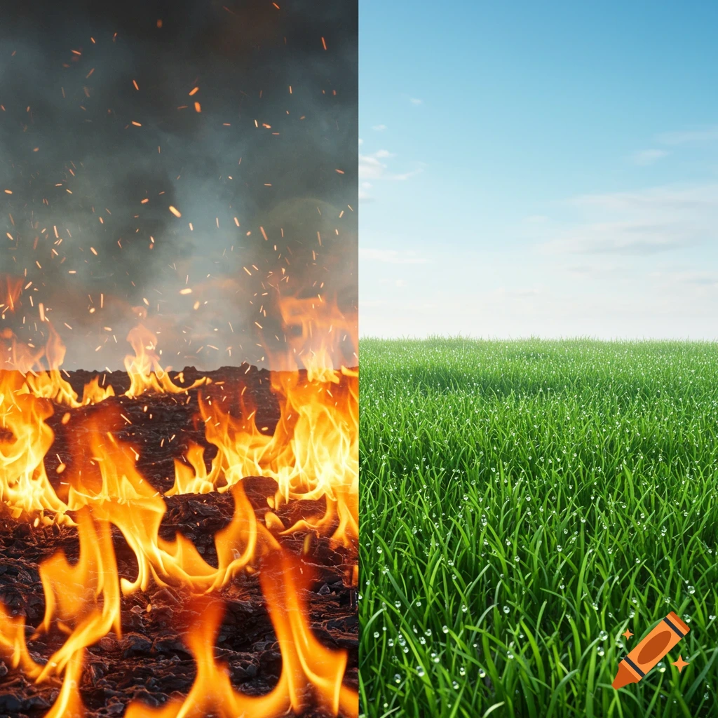 A split image showing a fiery ground on the left and a lush green grass ...