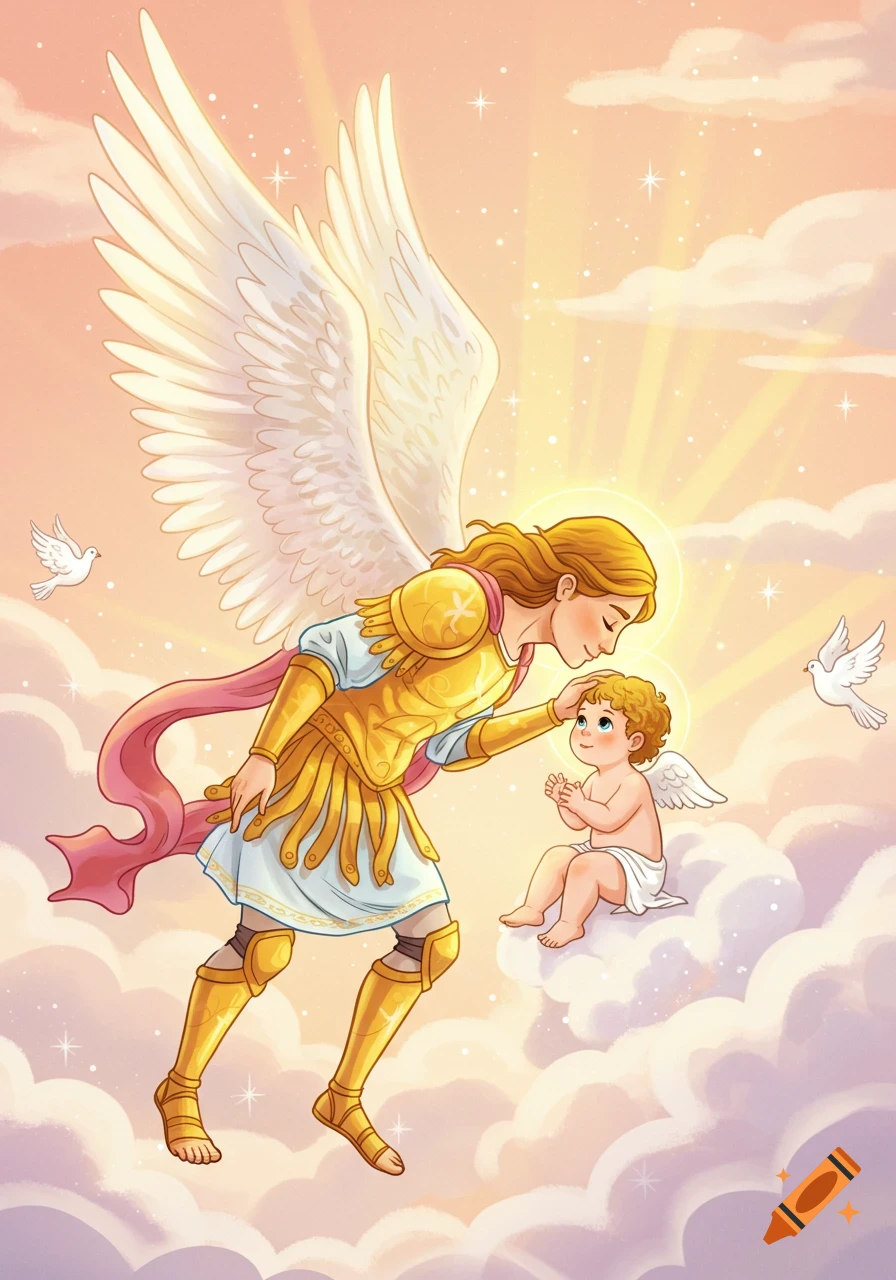 A golden-armored archangel with large white wings touches a baby angel ...