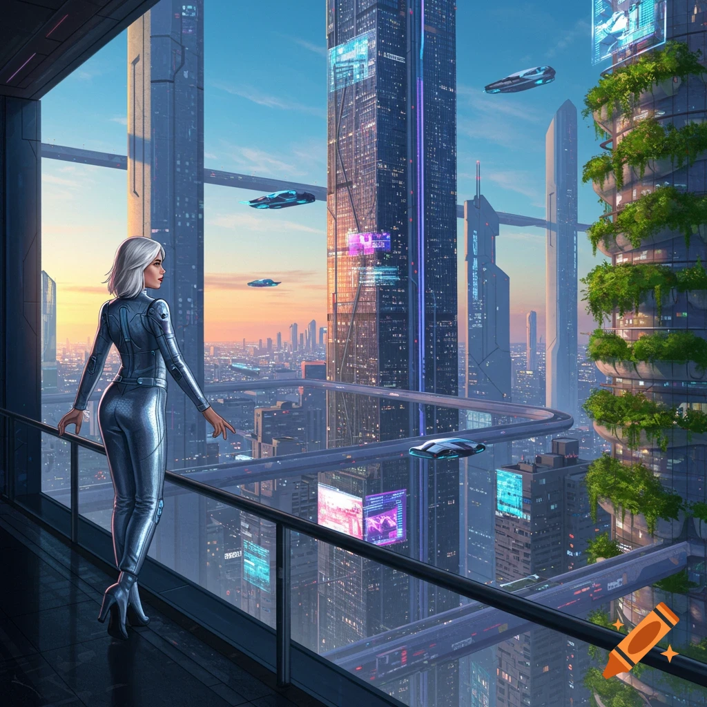 Woman in silver suit on a balcony overlooking a bright futuristic city ...