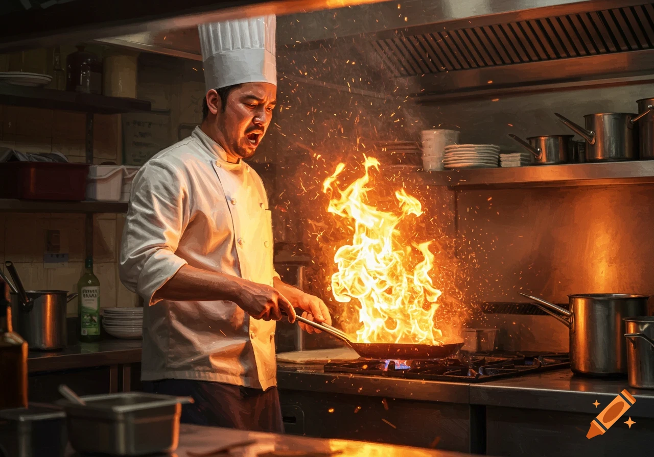 A chef flambés food in a pan over a gas stove in a professional kitchen ...