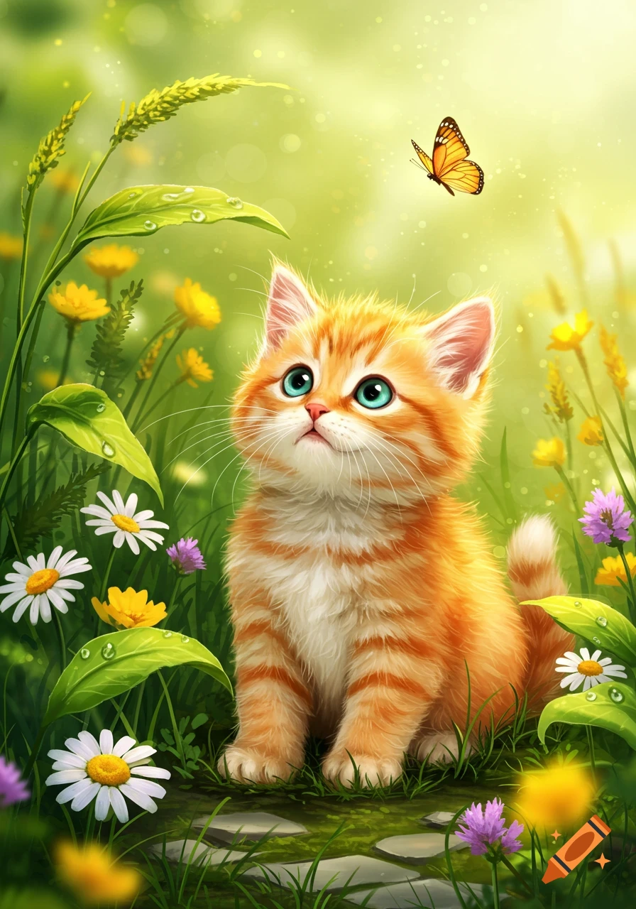 A cute orange cartoon cat with blue eyes sits in a sunny field of ...