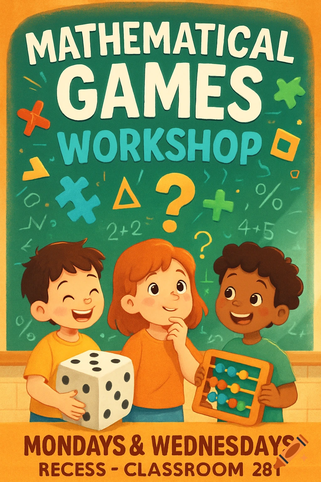 Cartoon poster for a mathematical games workshop with three smiling ...