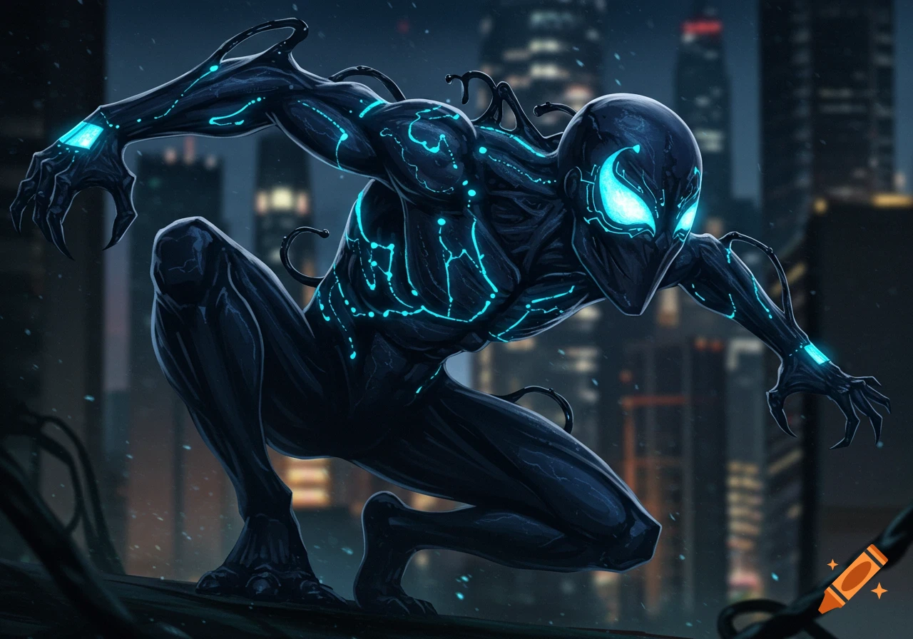 A muscular blue symbiote with a red Superman symbol, glowing red eyes ...
