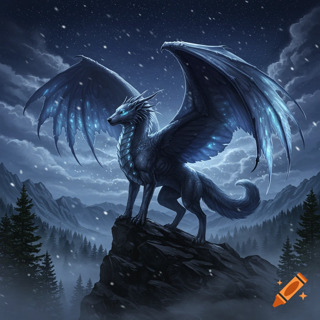 A dark blue dragon with glowing light blue horns and belly, translucent ...