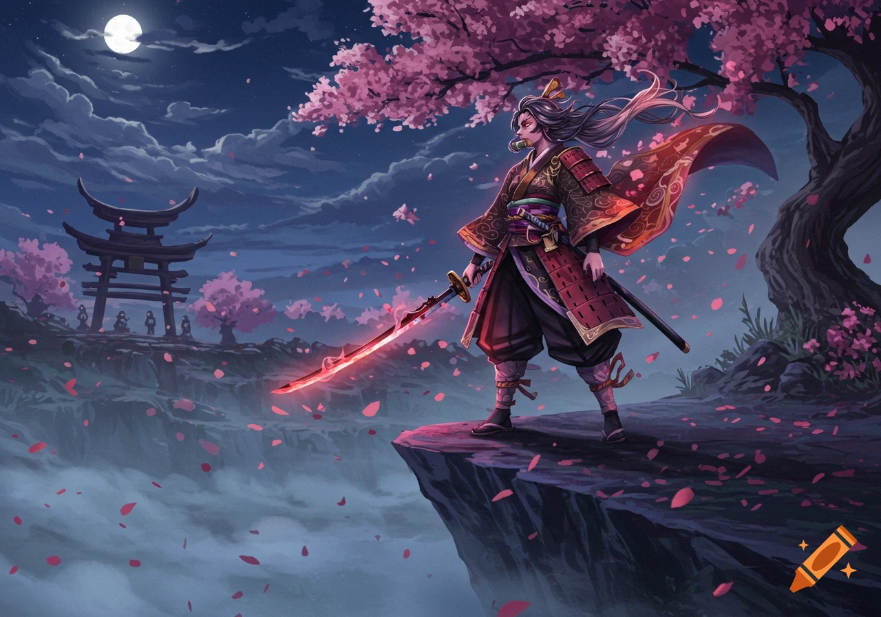 A samurai in red armor with a katana stands in a misty field under ...