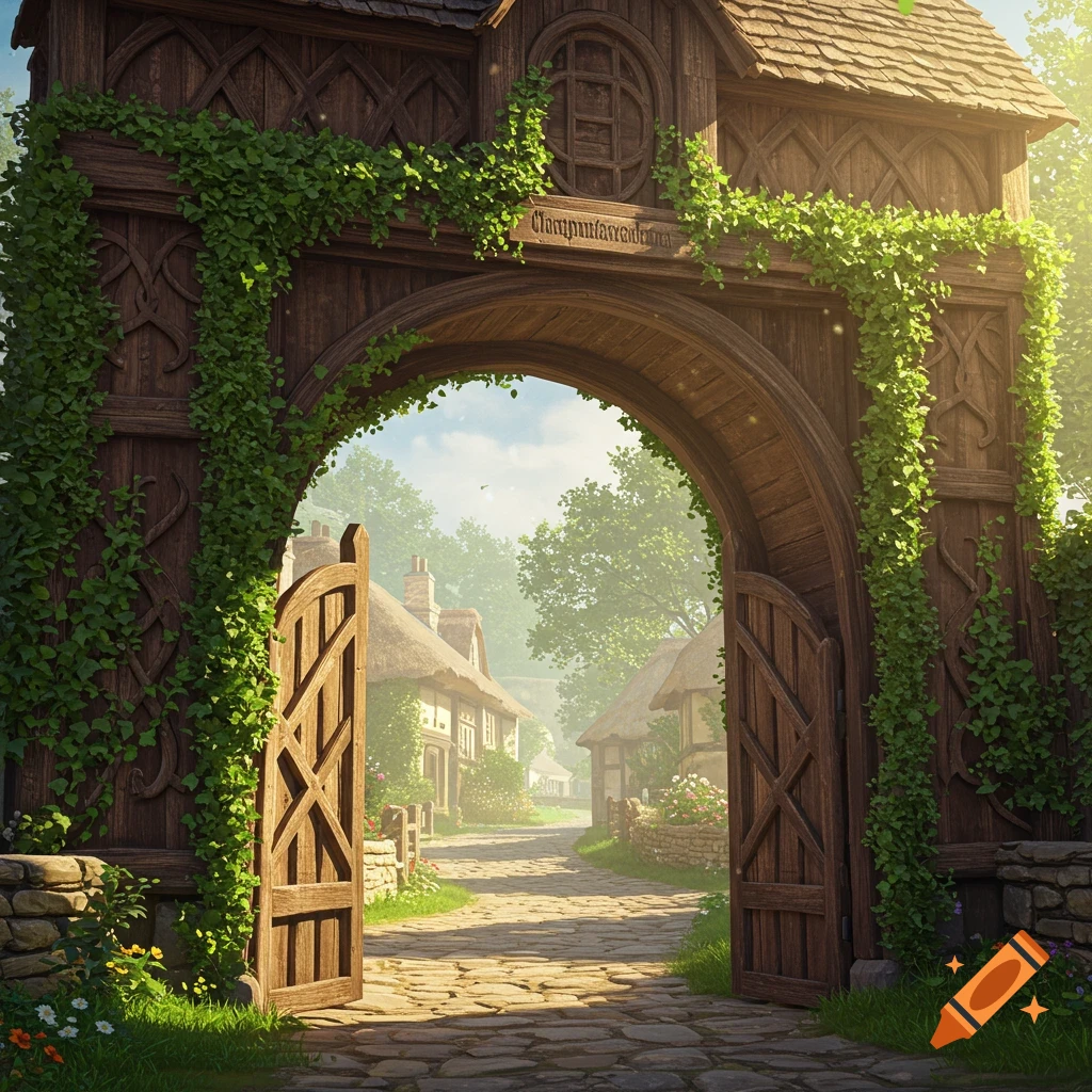 An ornate wooden arched gate covered in ivy opens to a cobblestone path ...