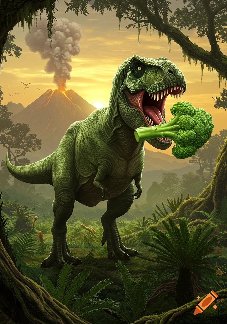 A large green T-rex eats a stalk of broccoli in a prehistoric jungle ...