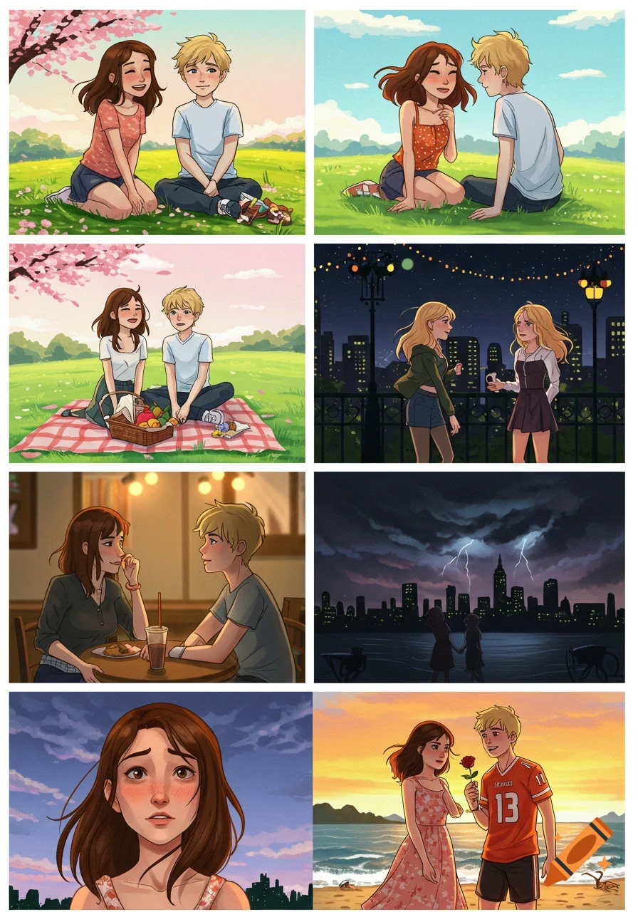 An illustrated eight-panel comic strip showing a boy and girl falling ...