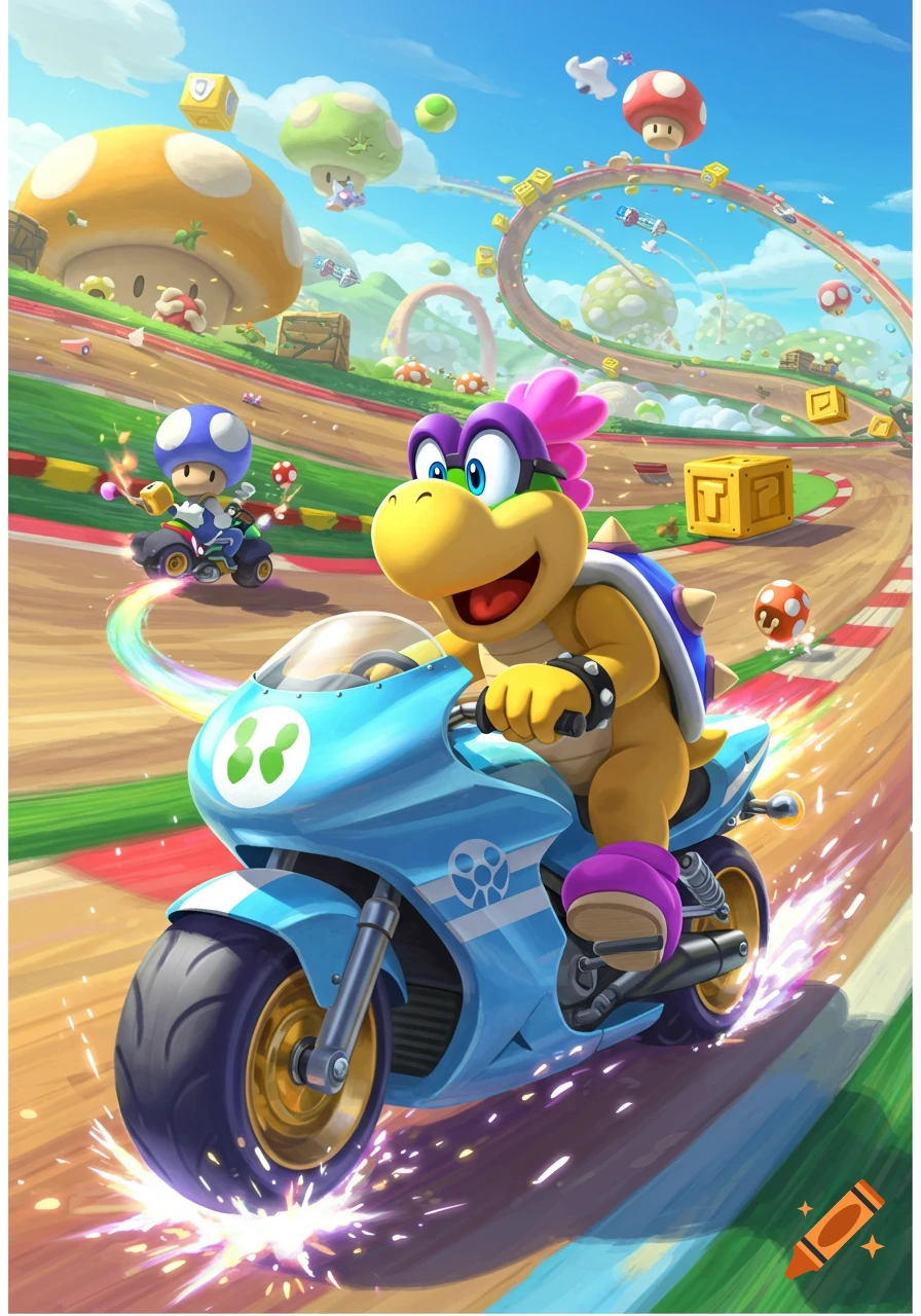 Iggy Koopa races a pink and blue kart on a rainbow track under a bright ...