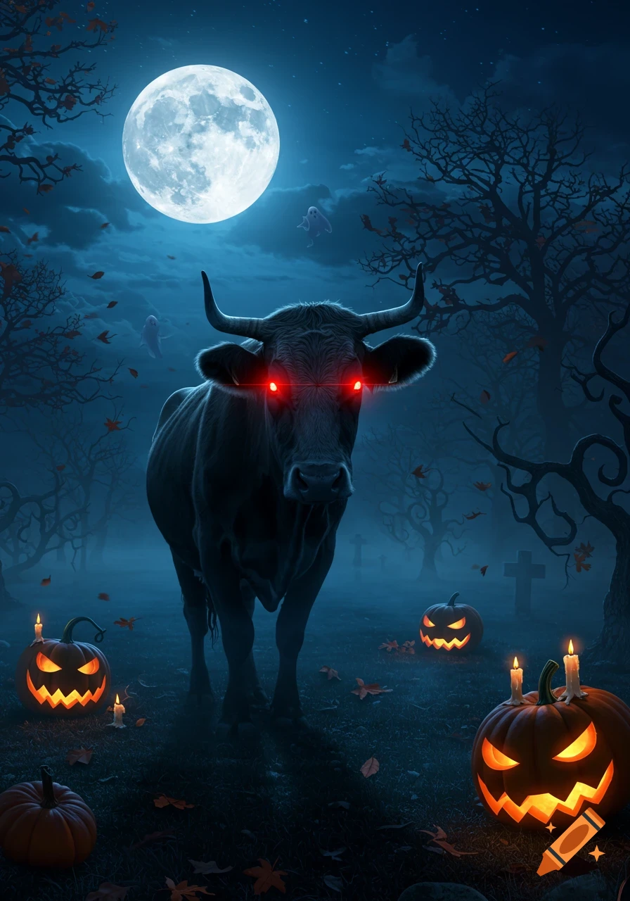 A scary cow with glowing red eyes stands in a spooky, moonlit Halloween ...