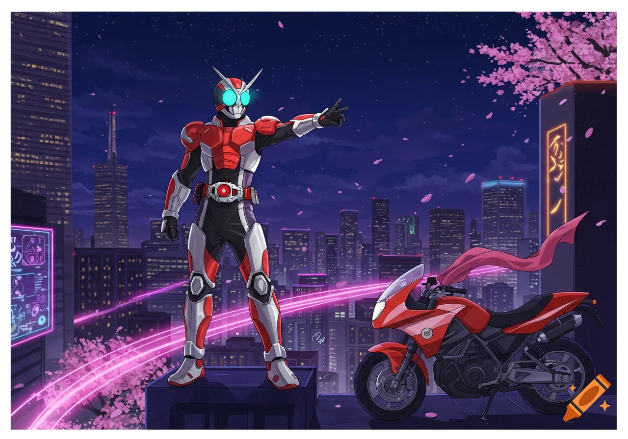 A Kamen Rider character in a red and white suit with glowing green eyes ...