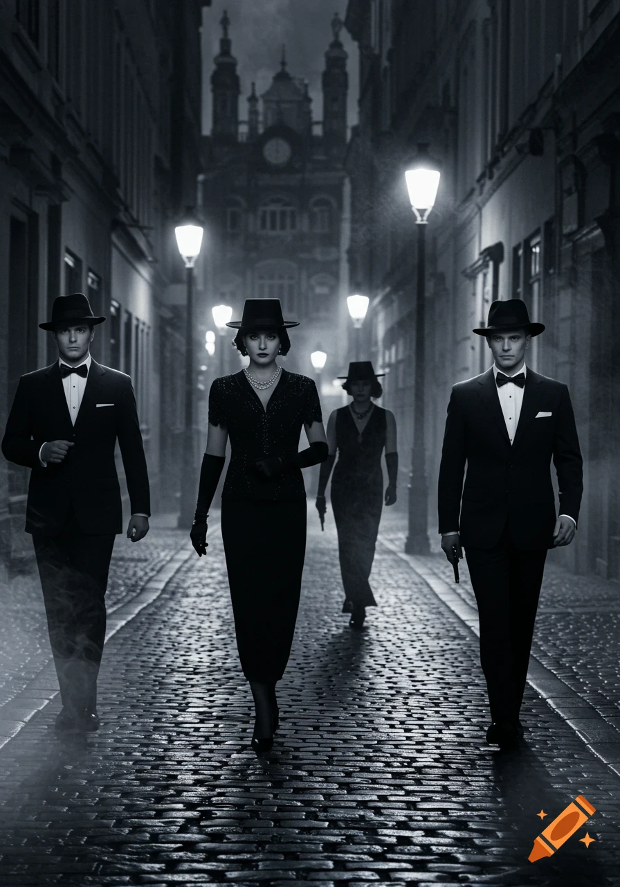 A film noir scene with four people in 1920s formal attire walking down ...