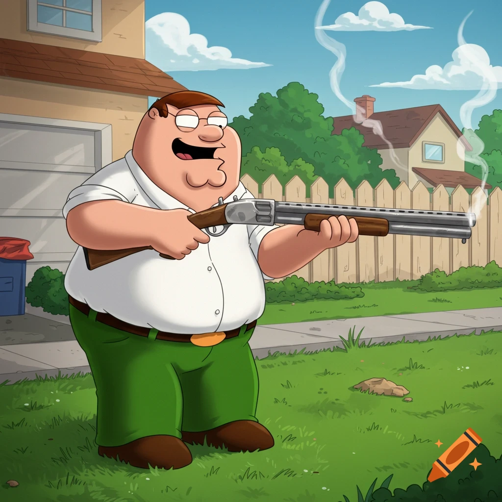 Peter Griffin, the cartoon character, stands in a suburban yard holding ...