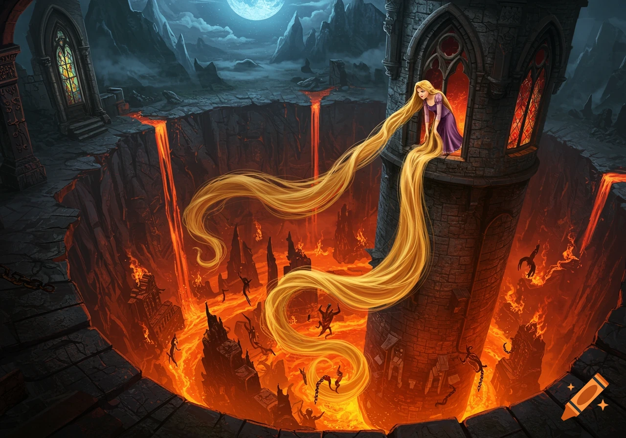 Rapunzel lets down her long golden hair from a gothic tower into a ...