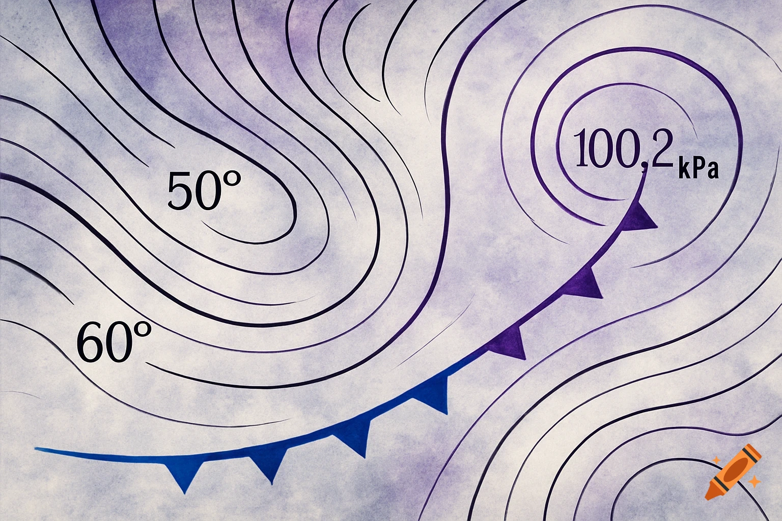 An illustration of a weather map with black and purple contour lines ...