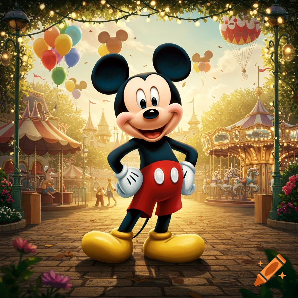 Mickey Mouse stands with outstretched arms, smiling in a vibrant theme ...