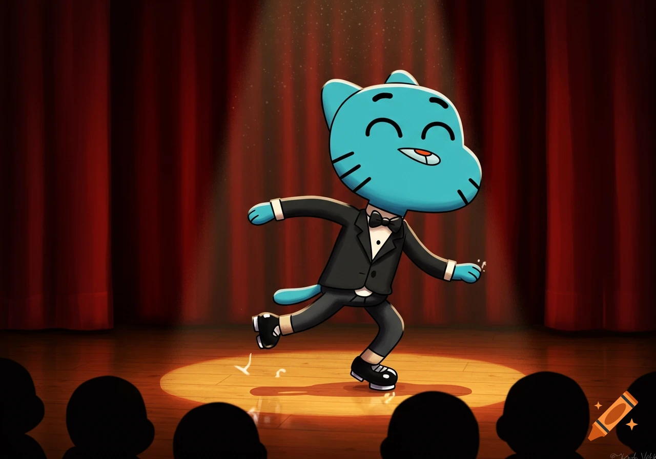 Cartoon blue cat Gumball Watterson tap dances in a tuxedo on a ...