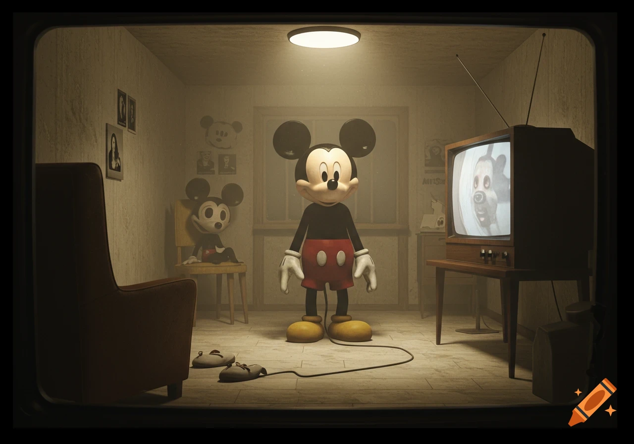 A wooden puppet sits on a dark stage, looking up at a large ...