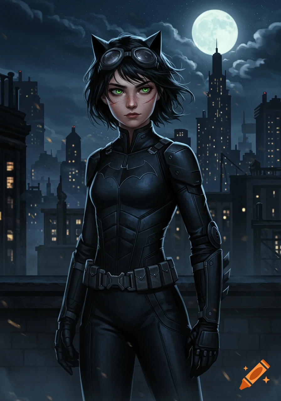Catwoman in her black suit on a Gotham city rooftop at night under a ...