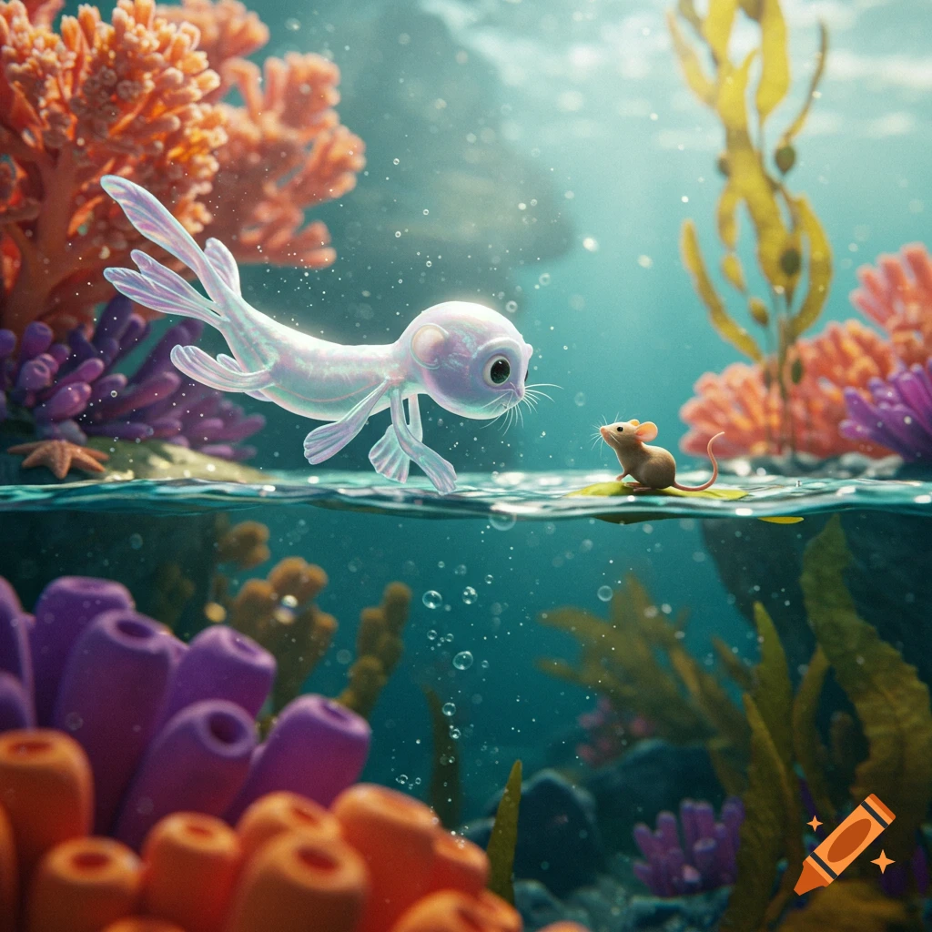 A cute, transparent aquatic creature swims towards a tiny mouse ...