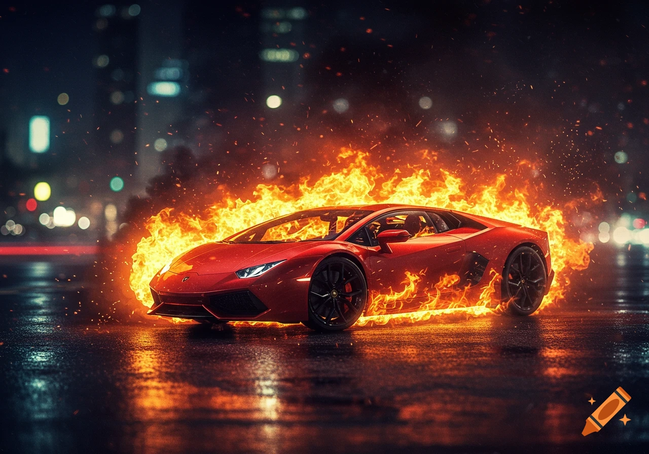 A black sports car with red racing stripes drives on a wet coastal road ...