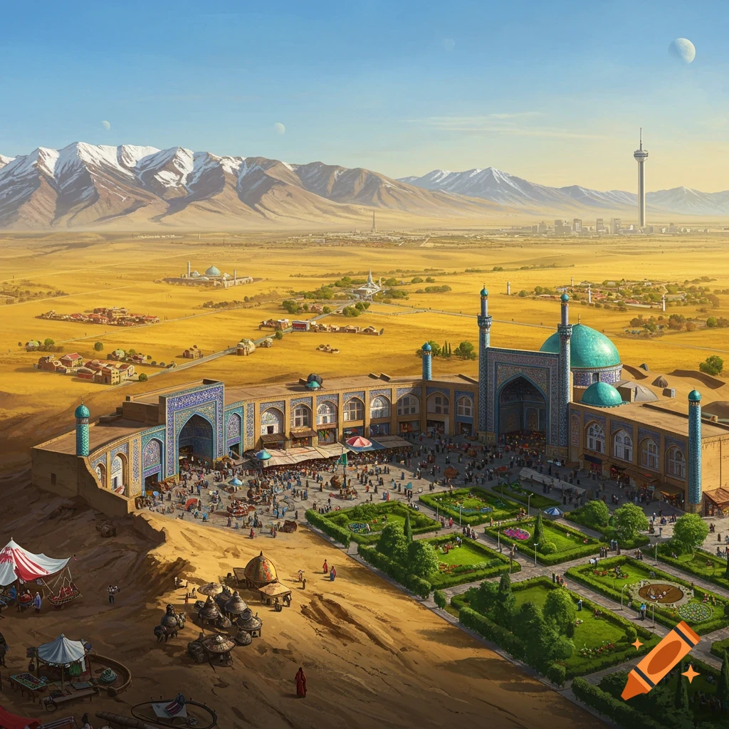 Grand blue-domed mosque and market square in an arid valley, with snow ...