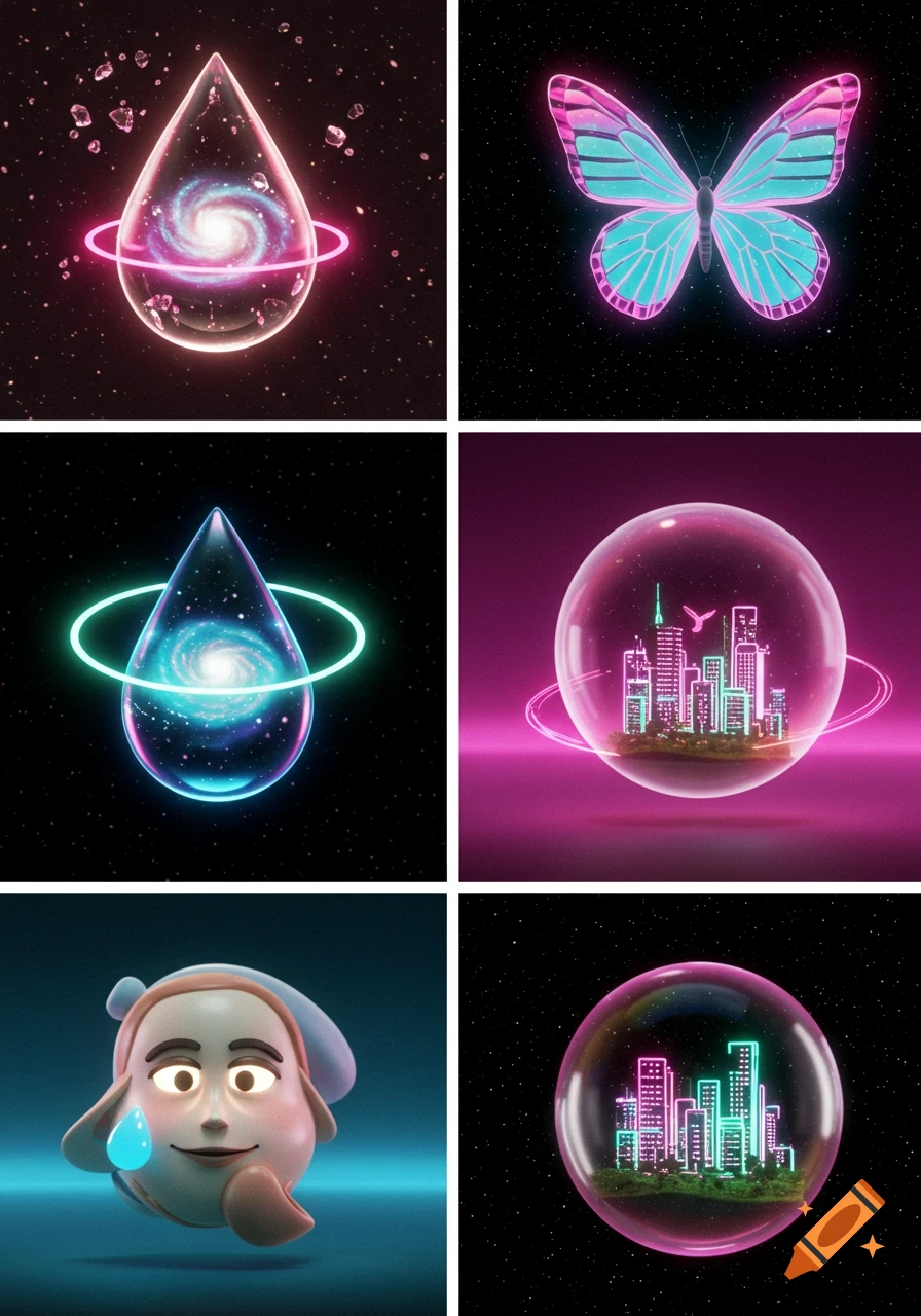 Six vibrant, stylized digital art pieces: neon space droplets, a ...