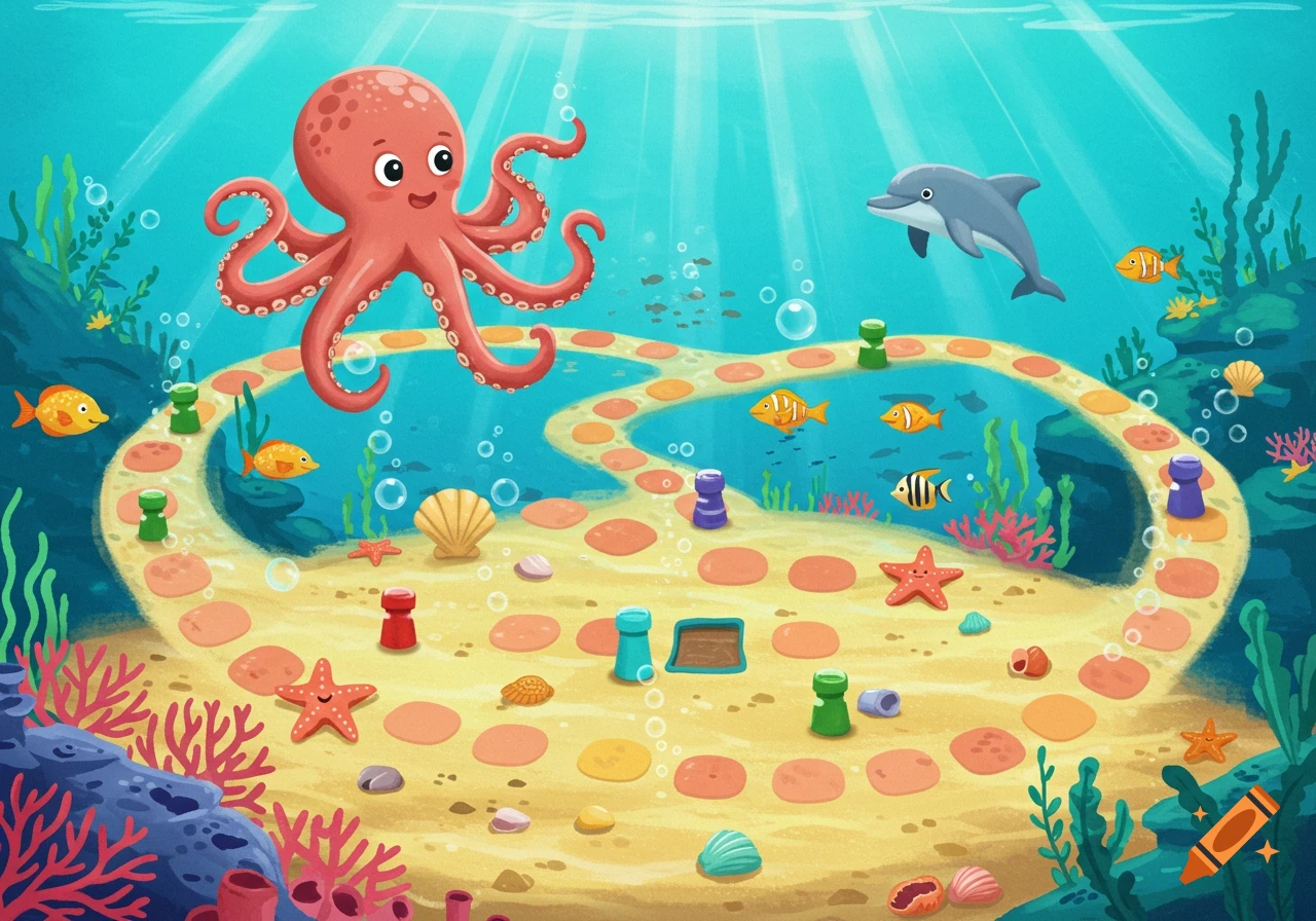 A colorful cartoon underwater game board with an octopus, dolphin, fish ...