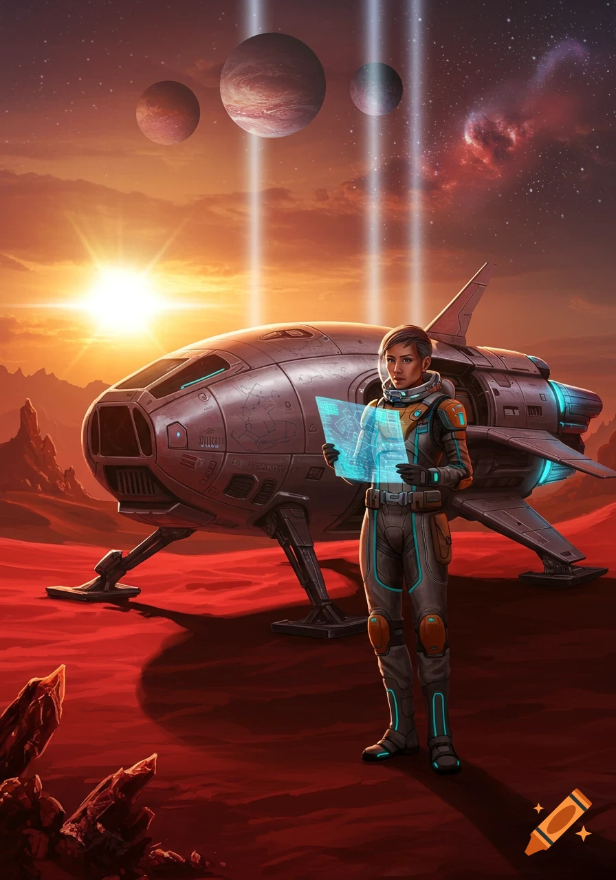A female astronaut stands on a red alien planet next to her spaceship ...