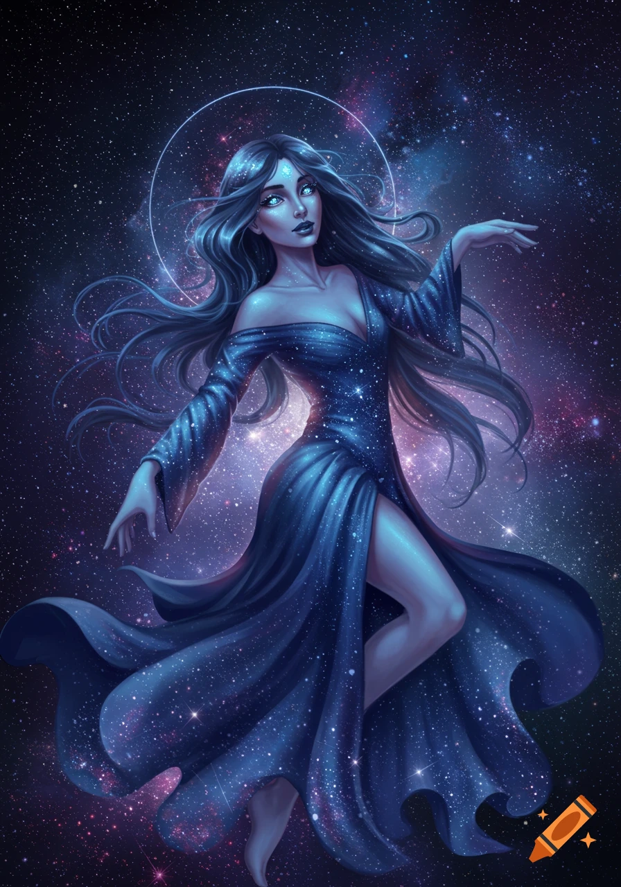 Stylized illustration of a woman's silhouette weaving shimmering ...