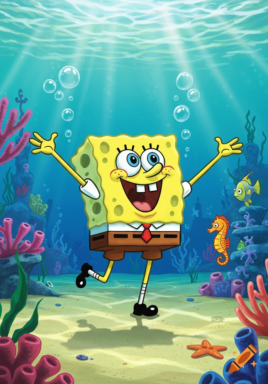 Spongebob, Patrick, Sandy, Mr. Krabs, Squidward, and Plankton happily ...