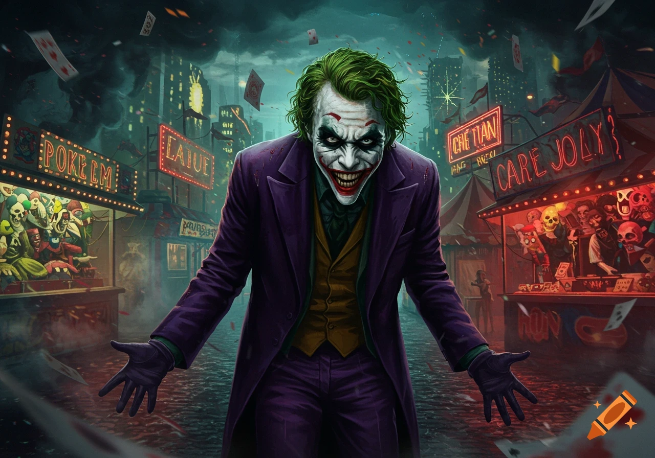 The Joker in a purple suit and green hair stands menacingly in a dark ...