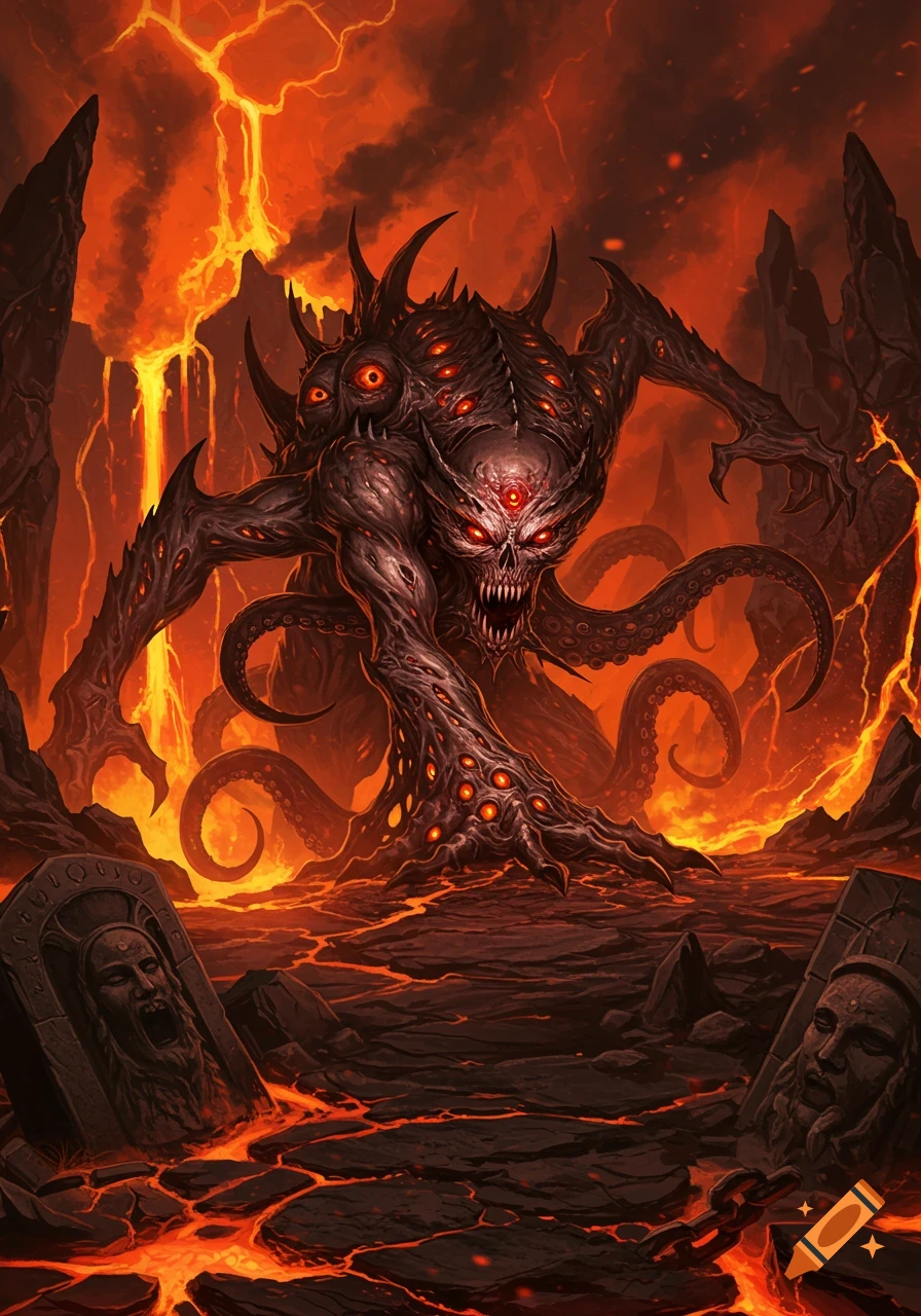 A multi-eyed, tentacled demonic creature with sharp teeth and horns ...
