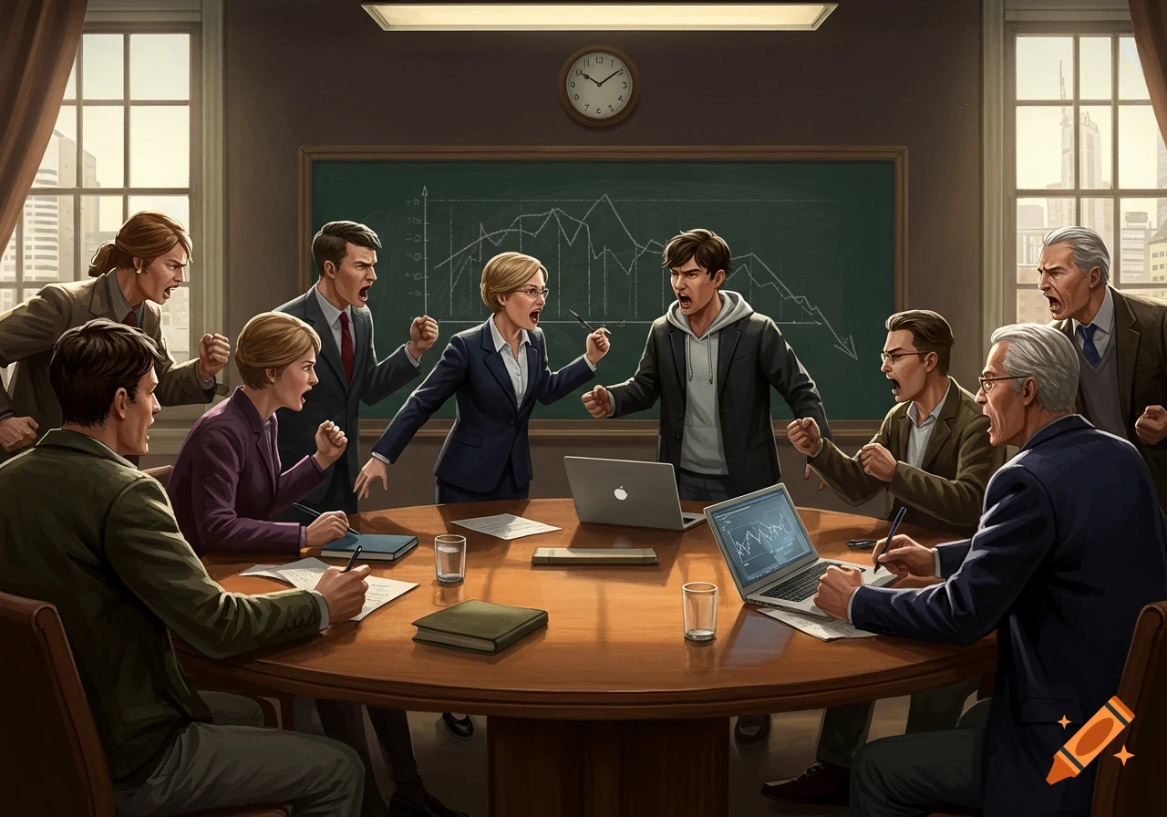 Photorealistic image of a political debate in a grand hall, with ...